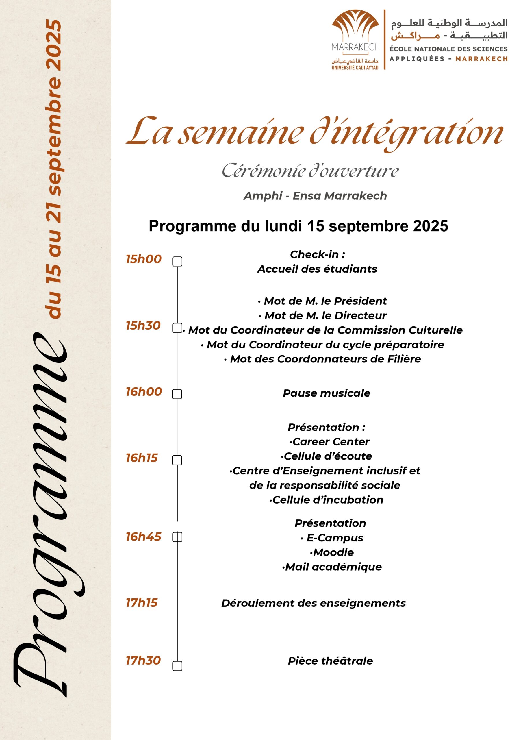 Programme de la semaine d’intégration – 2025/2026 – ENSA de Marrakech